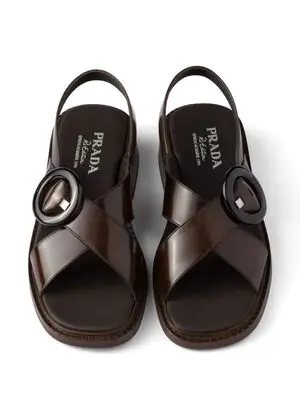 Prada Brushed Leather Crisscross Band Sandals With Plexiglas Buckle - Brown