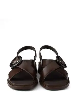 Prada Brushed Leather Crisscross Band Sandals With Plexiglas Buckle - Brown