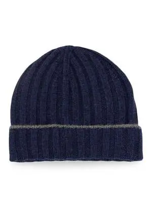 Brunello Cucinelli Ribbed Cashmere Beanie With Contrasting Piping - Blue