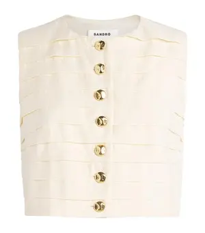 Sandro Cotton-blend Sleeveless Crop Top With Pleated Detail And Button Placket - Beige