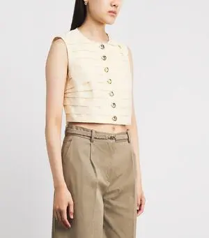 Sandro Cotton-blend Sleeveless Crop Top With Pleated Detail And Button Placket