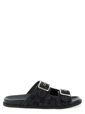 Gucci Gg Denim Slides With Adjustable Buckles - Black