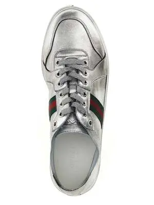 Gucci Stretch Metallic Leather Sneakers With Nastro Web And Incrocio Gg Detail