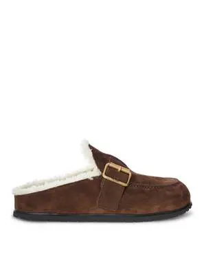 Prada Suede And Shearling Mule With Buckle - Brown