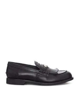 Miu Miu Leather Moccasin With Fringe And Logo Detail - Black
