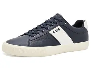BOSS Aiden Logo Block Leather Low Top Sneakers Shoes Medium Gray - Navy