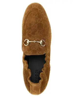 Gucci Gg Embossed Suede Loafers With Metal Clamp - Brown