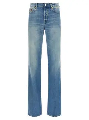 Gucci Flared Leg Jeans With Leather And Metal Detail - Blue
