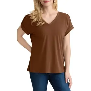 Jones New York Extended Shoulder Roll Tab Cuff V-neck T-shirt - Maple Spice