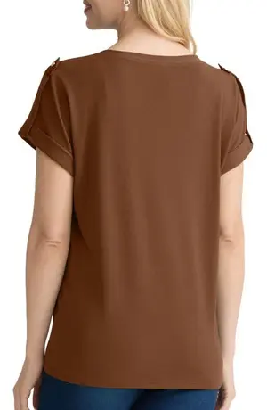 Jones New York Extended Shoulder Roll Tab Cuff V-neck T-shirt - Maple Spice