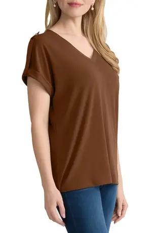 Jones New York Extended Shoulder Roll Tab Cuff V-neck T-shirt - Maple Spice