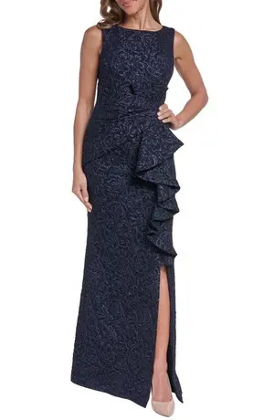Eliza J Metallic Floral Jacquard Cascade Ruffle Gown