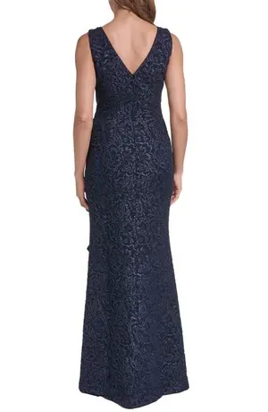 Eliza J Metallic Floral Jacquard Cascade Ruffle Gown