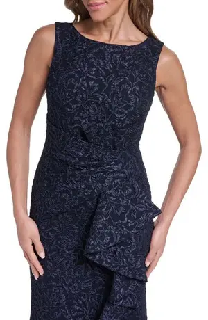 Eliza J Metallic Floral Jacquard Cascade Ruffle Gown