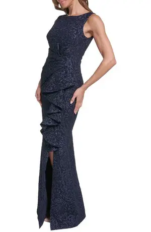 Eliza J Metallic Floral Jacquard Cascade Ruffle Gown