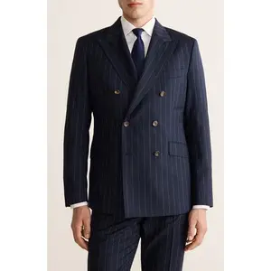 Mango Venice Slim Fit Pinstripe Double Breasted Wool Jacket - Navy