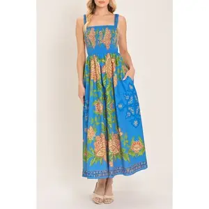 FLYING TOMATO Floral Cotton Square Neck Sundress - Blue