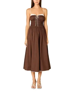 NIA Thomas Sleeveless Ruched Midi Dress With Contrast Trim - Coffee