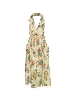 Zimmermann Linen Floral-print Halterneck Midi Dress - Neutrals