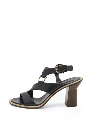 FERRAGAMO Leather Gancini Motif Buckle Strap Block Heel Sandals