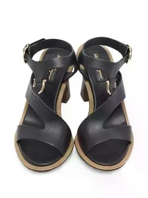 FERRAGAMO Leather Gancini Motif Buckle Strap Block Heel Sandals
