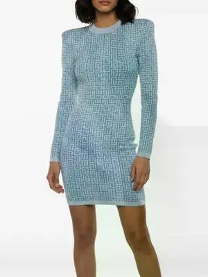Balmain Monogram Knitted Mini Dress - Blue