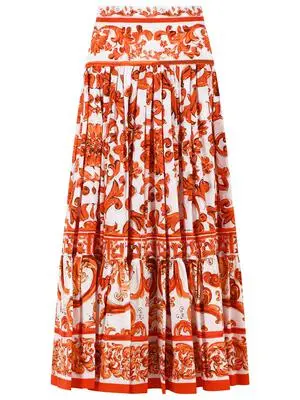 Dolce & Gabbana Majolica Print Cotton Poplin Long Skirt