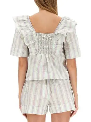 GANNI Striped Ruffle Blouse - Multicolor