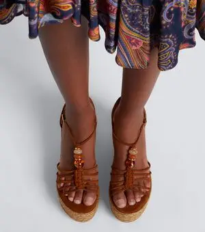 JIMMY CHOO Embellished Suede Espadrille Wedge Sandals