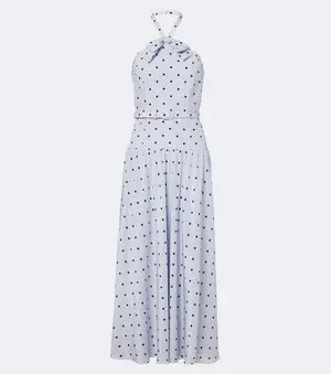 Alessandra Rich Belted Polka-dot Halterneck Silk Midi Dress - Blue