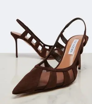 AQUAZZURA Screen 85 Suede And Mesh Slingback Pumps
