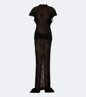 DE LA VALI Omero Ruched Lace Maxi Dress - Black