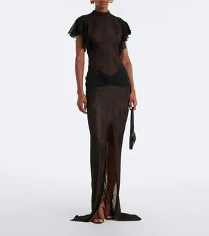DE LA VALI Omero Ruched Lace Maxi Dress - Black