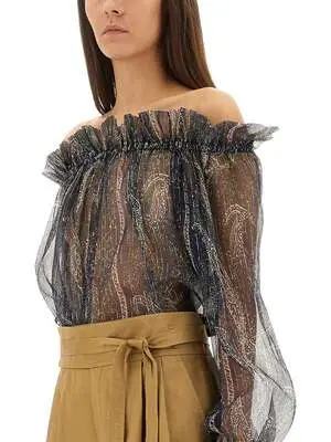 Saint Laurent Lurex Silk Creponne Off-the-shoulder Blouse - Blue