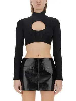 COURREGES Cropped Ribbed Knit Top With Cut-out Detail - Black