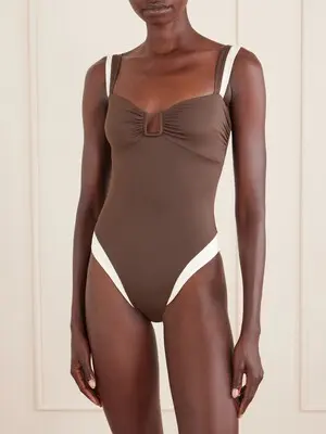 AWAY THAT DAY Cannes Two-tone Gathered Recycled Stretch Swimsuit - Brown