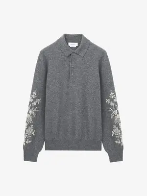 Alexander McQueen Floral Embroidery Polo Shirt - Grey