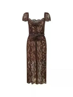 SELF-PORTRAIT Belted Floral-lace Midi Dress - Brown