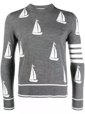 Thom Browne Merino Wool Sailboat Intarsia Sweater - Grey