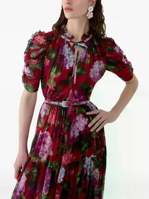 Carolina Herrera Hydrangea Print Tie Neck Dress