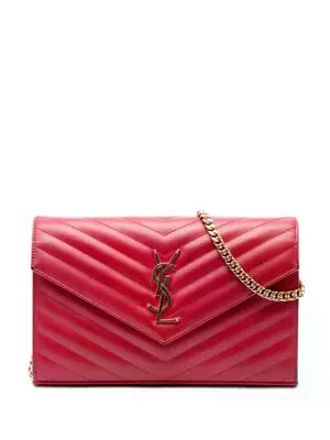 Saint Laurent Grain De Poudre Cassandre Envelope Chain Wallet Crossbody Bag - Red