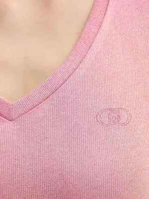Liu Jo Logo Embroidered V-neck Metallic T-shirt - Pink