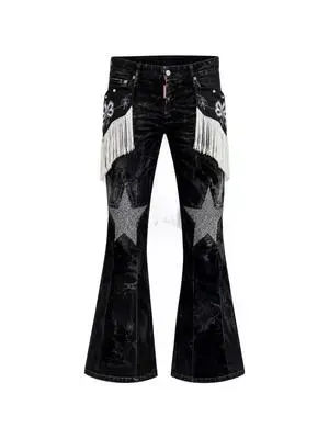 Dsquared2 Acid Wash Flared Jeans With Crystal Embellished Star Patches And Fringe Detail