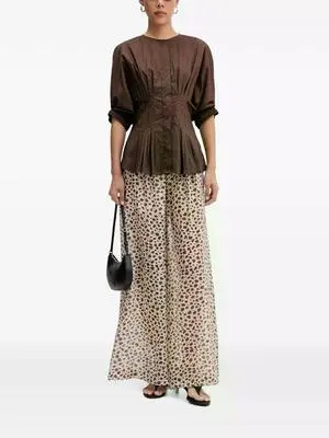 VICOLO Pleated Waist Puff-sleeve Blouse - Brown