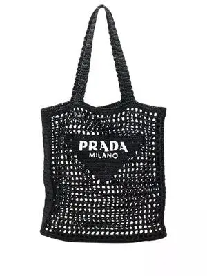 Prada Raffia Effect Crochet Embroidered Logo Tote Bag - Black
