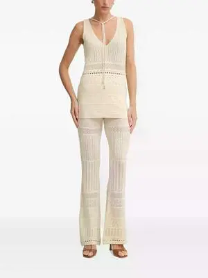 Patrizia Pepe Cream White Logo Pointelle Knit Flared Trousers