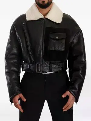 Dolce & Gabbana Belted Shearling Collar Leather Jacket