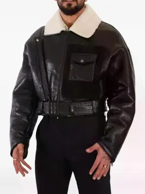 Dolce & Gabbana Belted Shearling Collar Leather Jacket