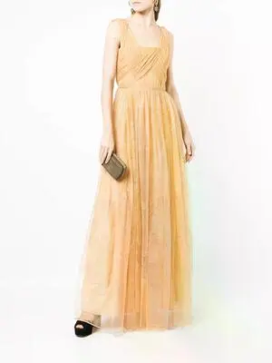 Alberta Ferretti Embroidered Motif Pleated Gown