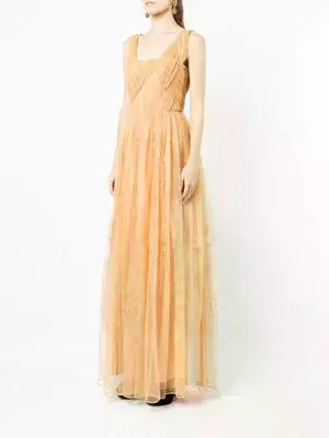 Alberta Ferretti Embroidered Motif Pleated Gown